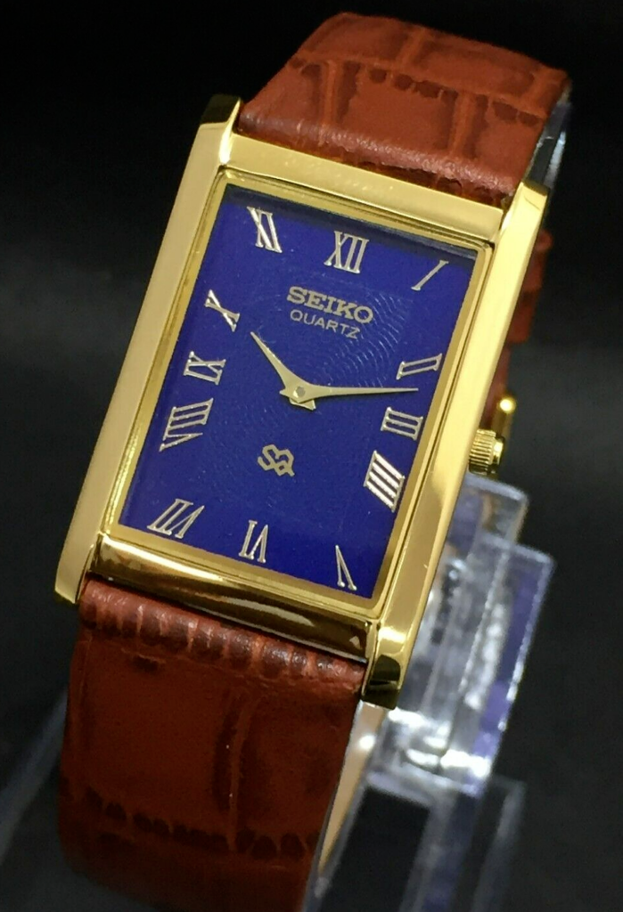 RARE NOS Seiko Men's Rectangular Tank Gorgeous Gold Case Blue Dial Dress Watch - TIME-AFICIONADO